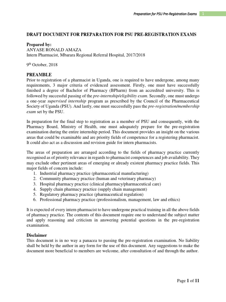 PSU Pre-Registration Exam Preparation Guide | PDF | Pharmacist | Pharmacy