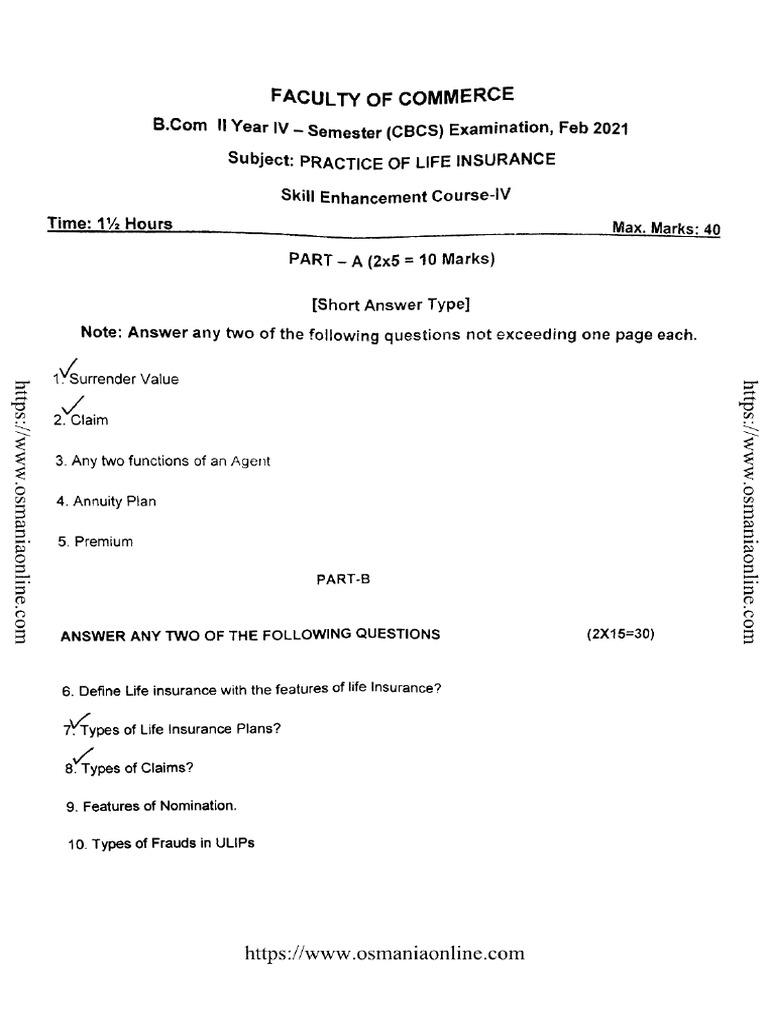 Bcom 4 Sem Practice of Life Insurance Feb 2021 | PDF