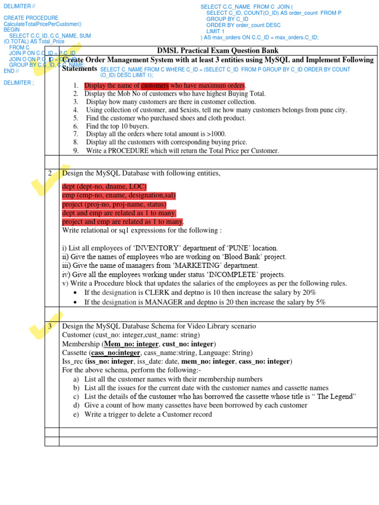 DMSL Final Practical Exam Question Bank - 2023 - 24 - Student | PDF | Databases | Relational Model