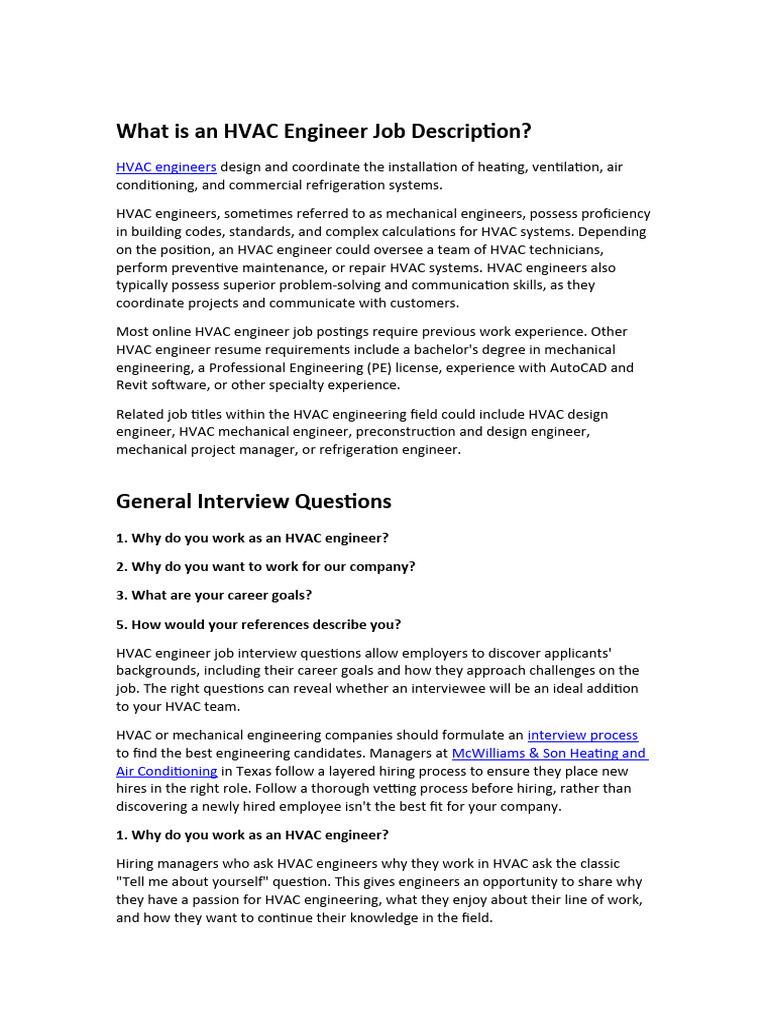 HVAC Engineer Job Description Overview | PDF | Salary | Job Interview