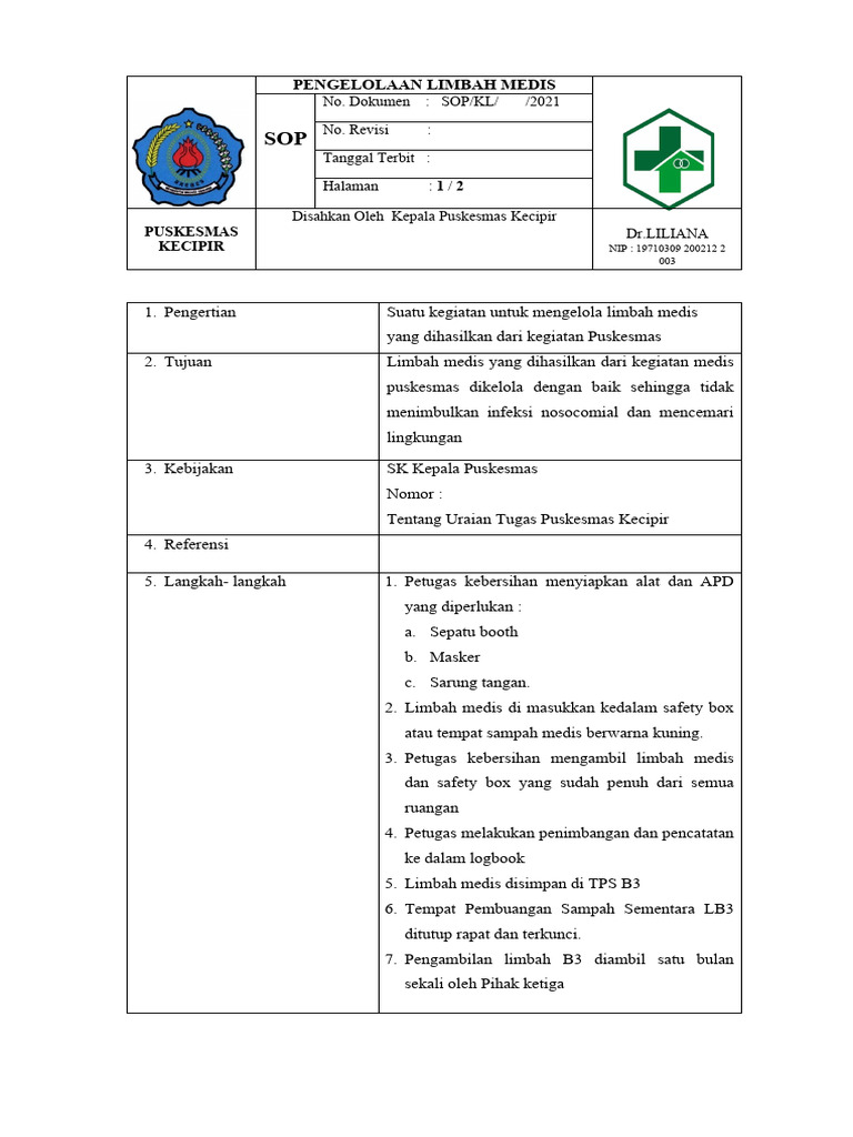 SOP PENGELOLAAN LIMBAH MEDIS | PDF