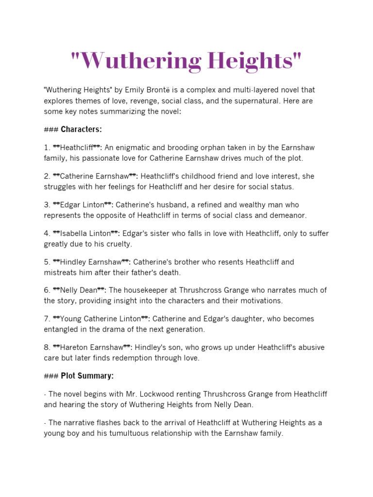 VN notes | PDF | Heathcliff (Wuthering Heights) | Wuthering Heights