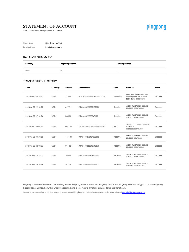Ping Pong Bank Statement | PDF | United States Dollar | Service Industries