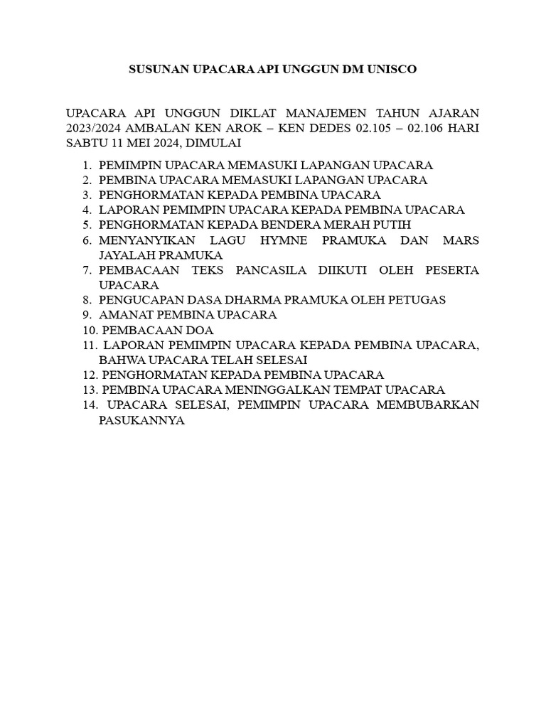 Susunan Upacara API Unggun DM Unisco | PDF