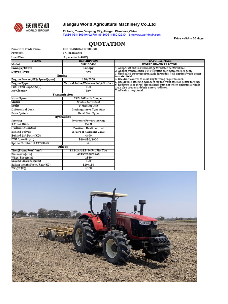 1 - Quotation of WD1304M Tractor | PDF | Tractor | Manufactured Goods