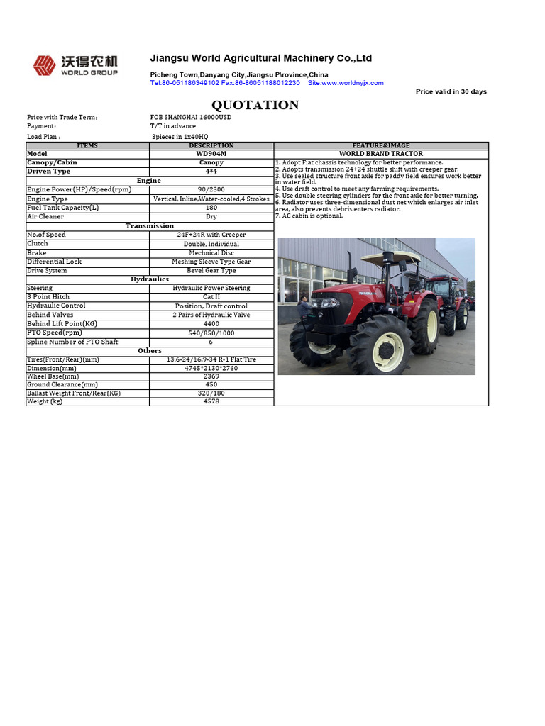 WD904M World Brand Tractor Quotation | PDF | Tractor | Motor Vehicle