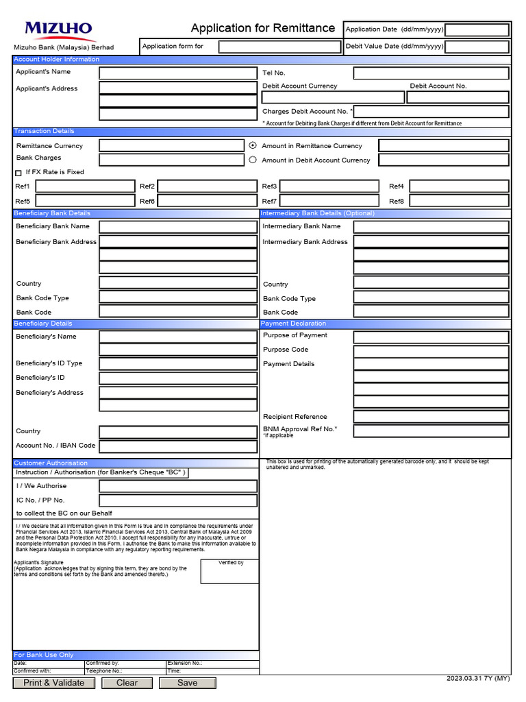 Application For Remittance - Mizuho Bank Internal Transfer | PDF | Banks | Debt
