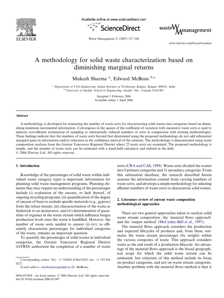 Sharma and McBean 2007 - A Methodology For Solid Waste Characterization Based On Diminishinh ...