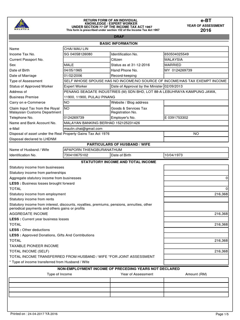 2016 Income Tax Return for Chai Mau Lin | PDF | Taxes | Expense