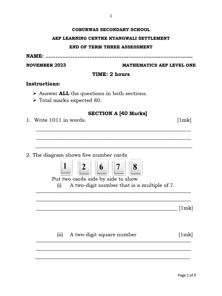 End of Term 3 Maths Assessment | PDF | Numbers | Mathematics