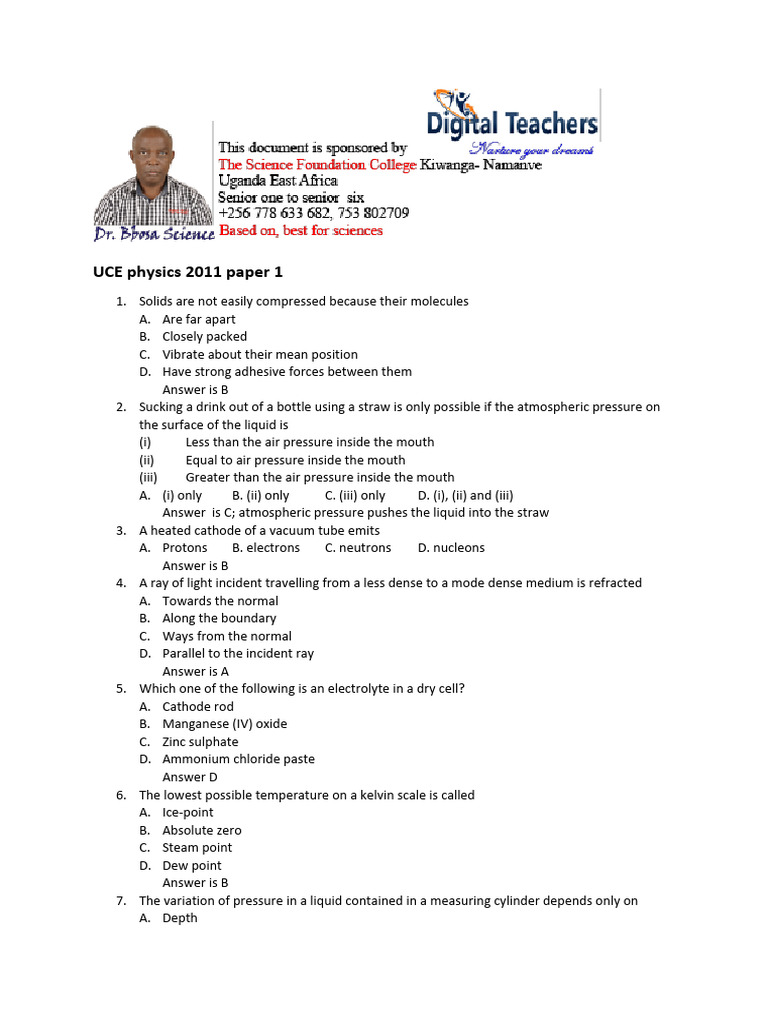 UCE Physics 2011 Paper 1 Guide | PDF | Waves | Electron