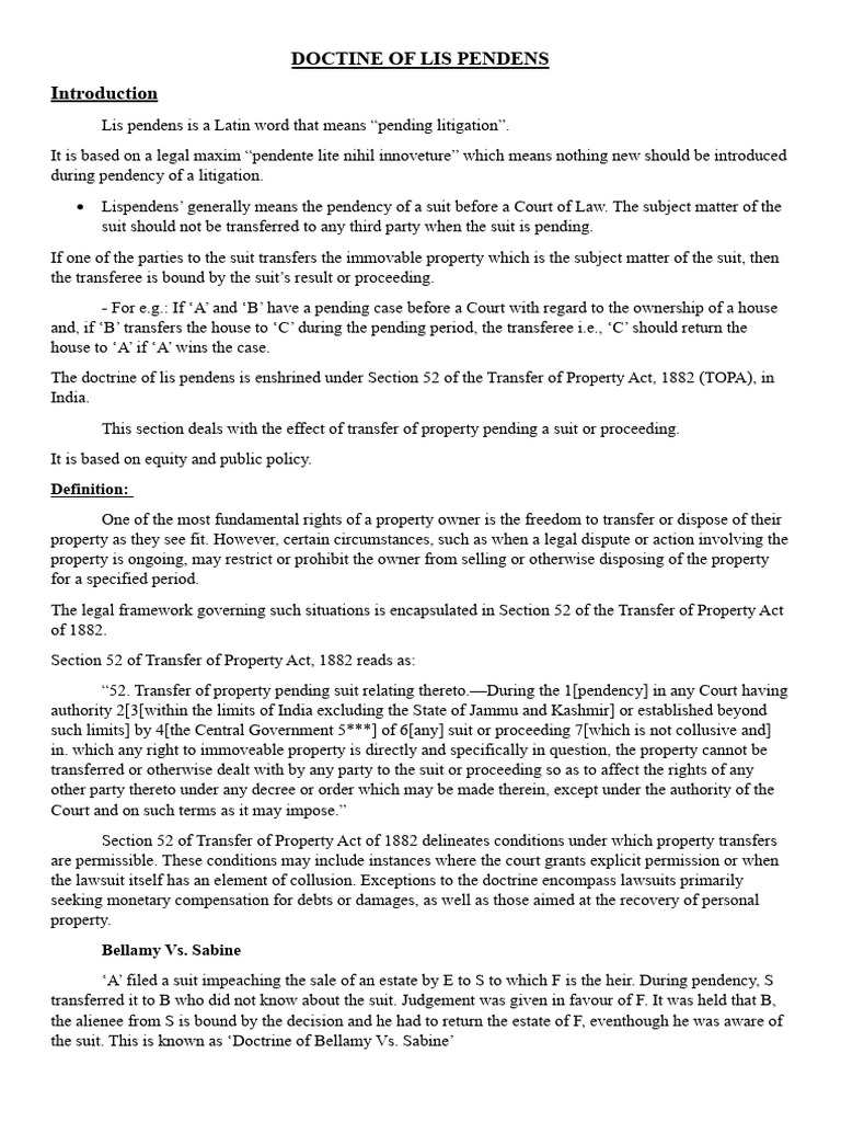 Doctine of Lis Pendens | PDF | Lawsuit | Consideration
