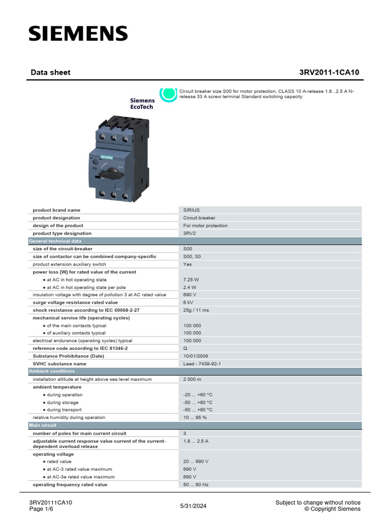 3RV20111CA10_datasheet_en | PDF | Electrical Engineering | Electricity
