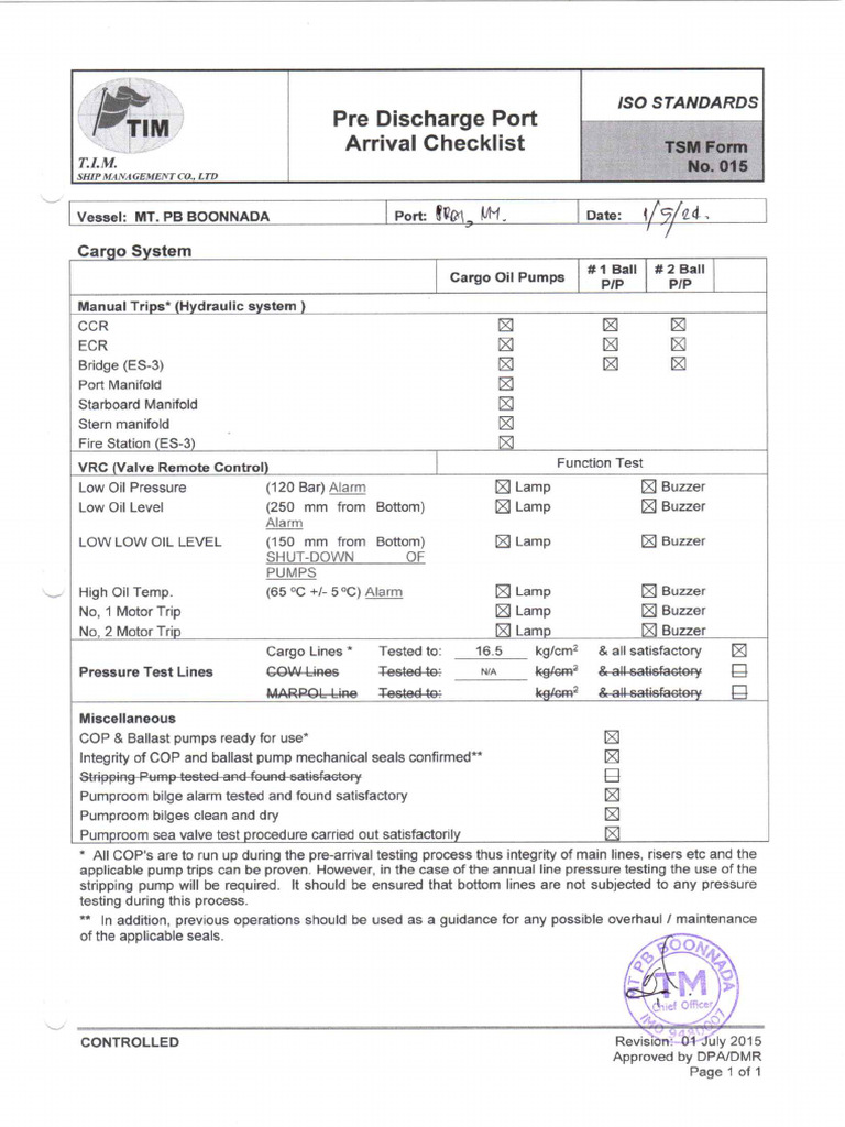 TSM Form No. 015 Pre Discharge Port Arrival Checklist at Prai, Malaysia ...