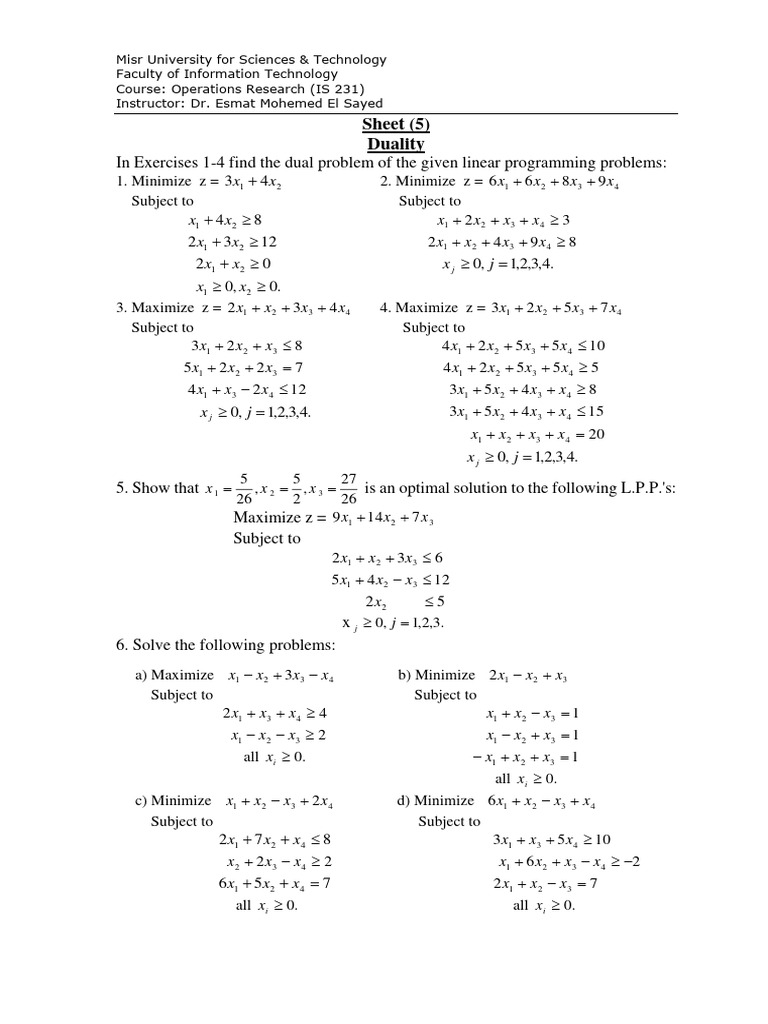0 W7 Operation Research Sheet 4 Duality | PDF | Systems Analysis | Algorithms And Data Structures