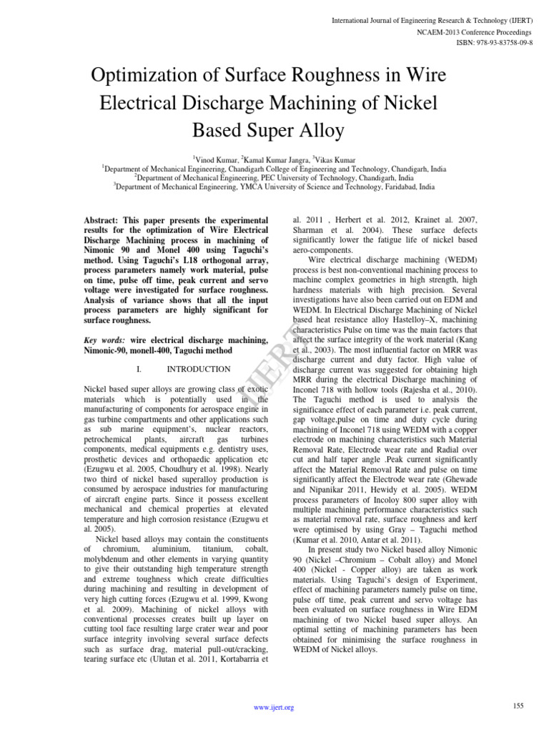 Ijert Ijert: Optimization of Surface Roughness in Wire Electrical Discharge Machining of Nickel ...