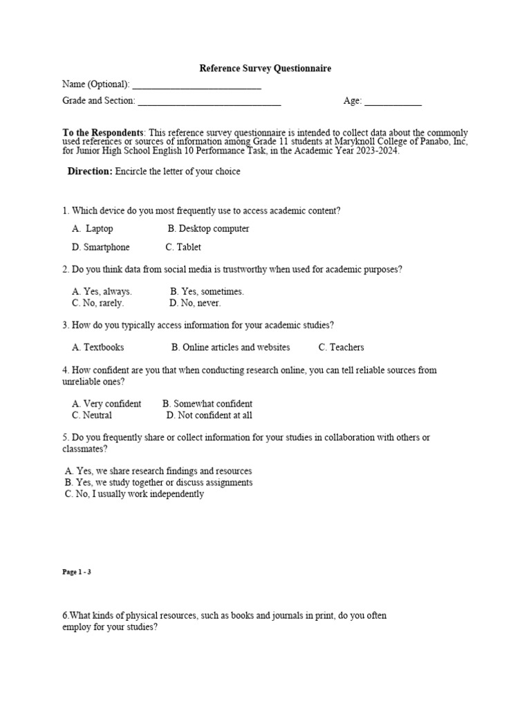 Reference Survey Questionnaire Format | PDF | Social Media | Popular ...