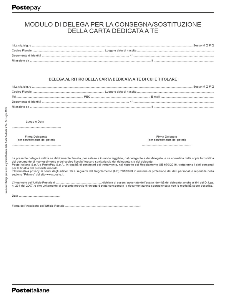 Modulo Delega Ritiro Carta Dedicata A Te | PDF