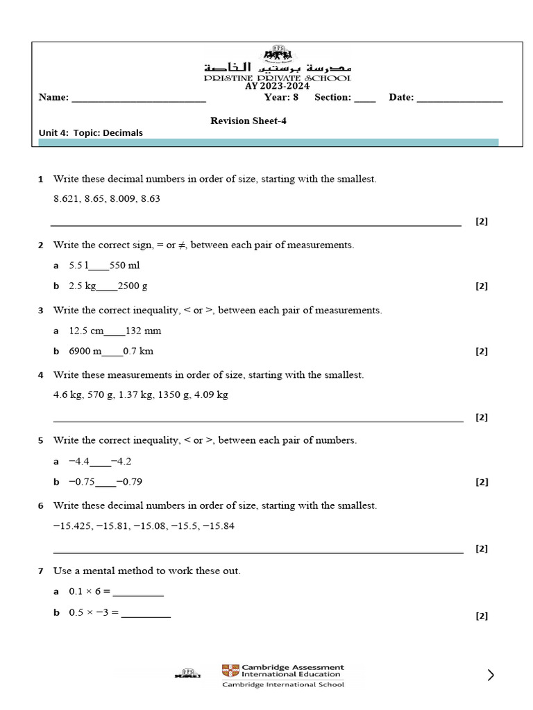 Unit 4 Decimals | PDF