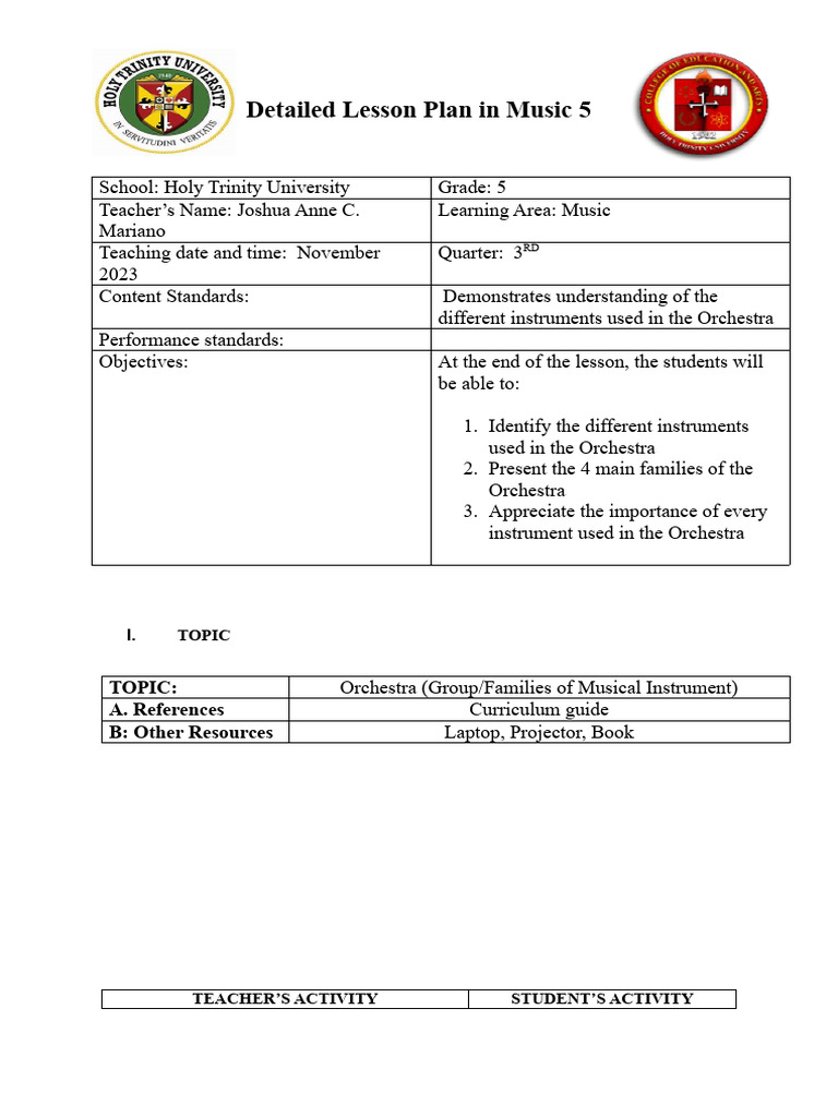 Detailed Lesson Plan in Music 3 | PDF | Musical Instruments | String ...