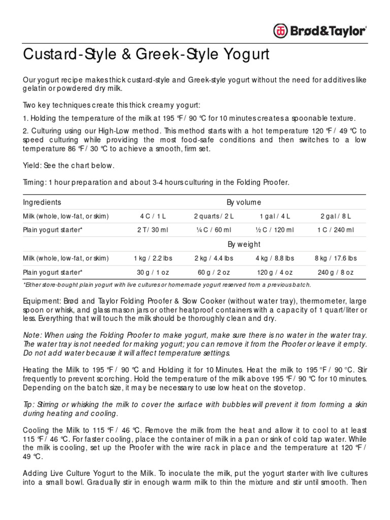 Brod and Taylor Custard Style Greek Style Yogurt Printable Recipe | PDF ...