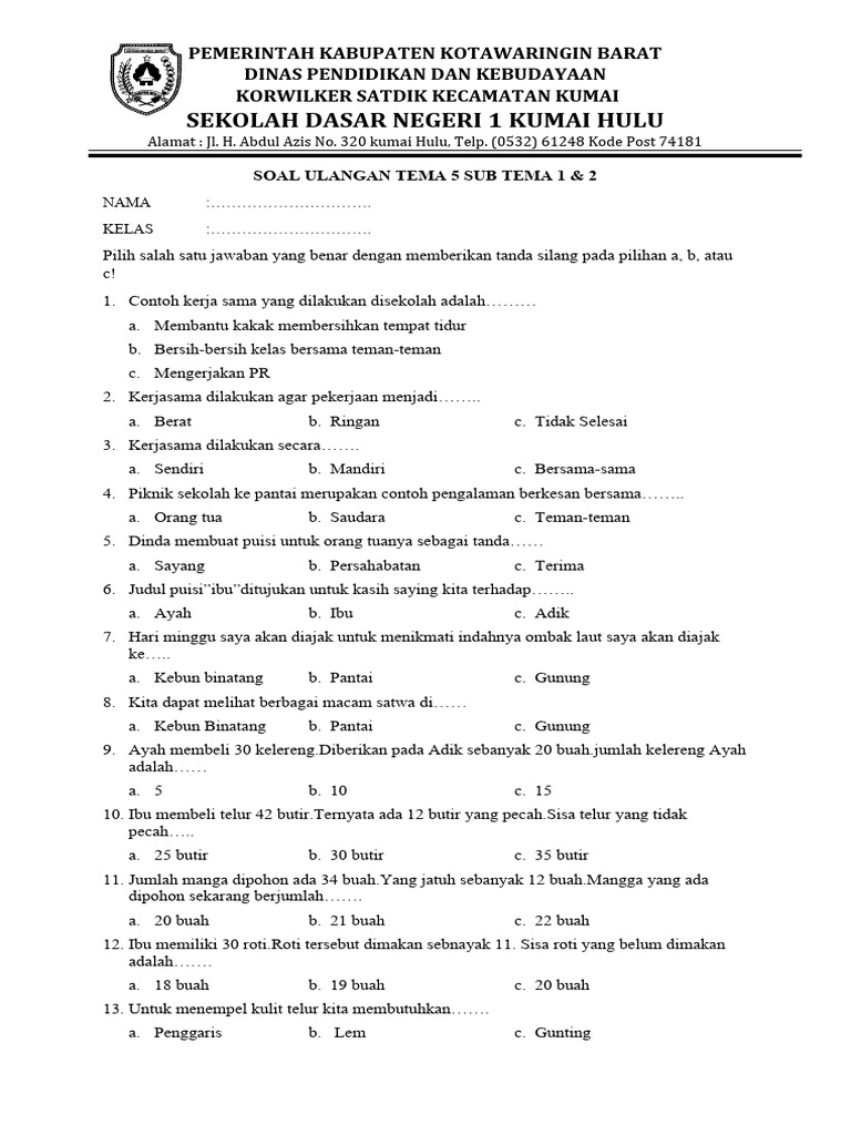 Soal Ulangan Tema 5 Kelas SD Kumai | PDF | Griya & Taman