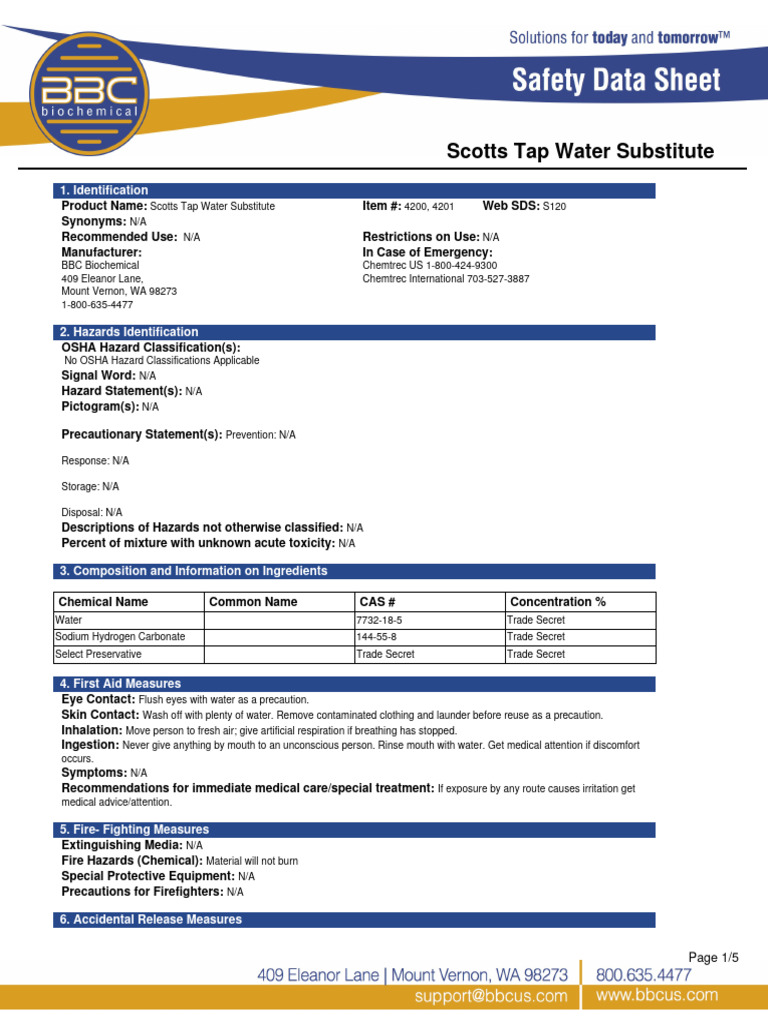 Scotts Tap Water Substitute Safety Data Sheet | Download Free PDF ...