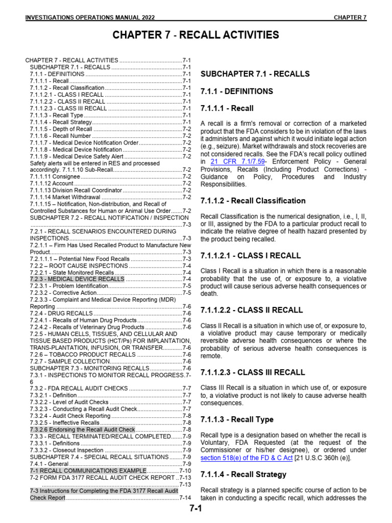 CHAPTER 7 - RECALL ACTIVITIES | Download Free PDF | Medical Device ...