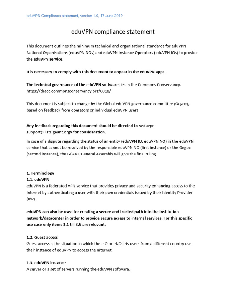 EduVPN Compliance Statement 1.0 | PDF | Security | Computer Security