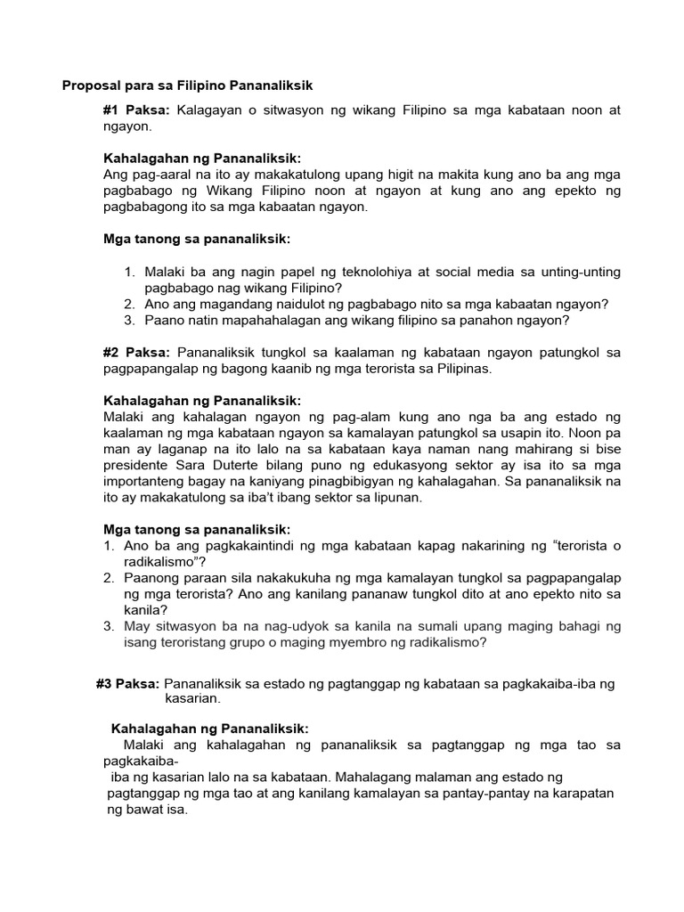 Proposal para Sa Filipino Pananaliksik | PDF