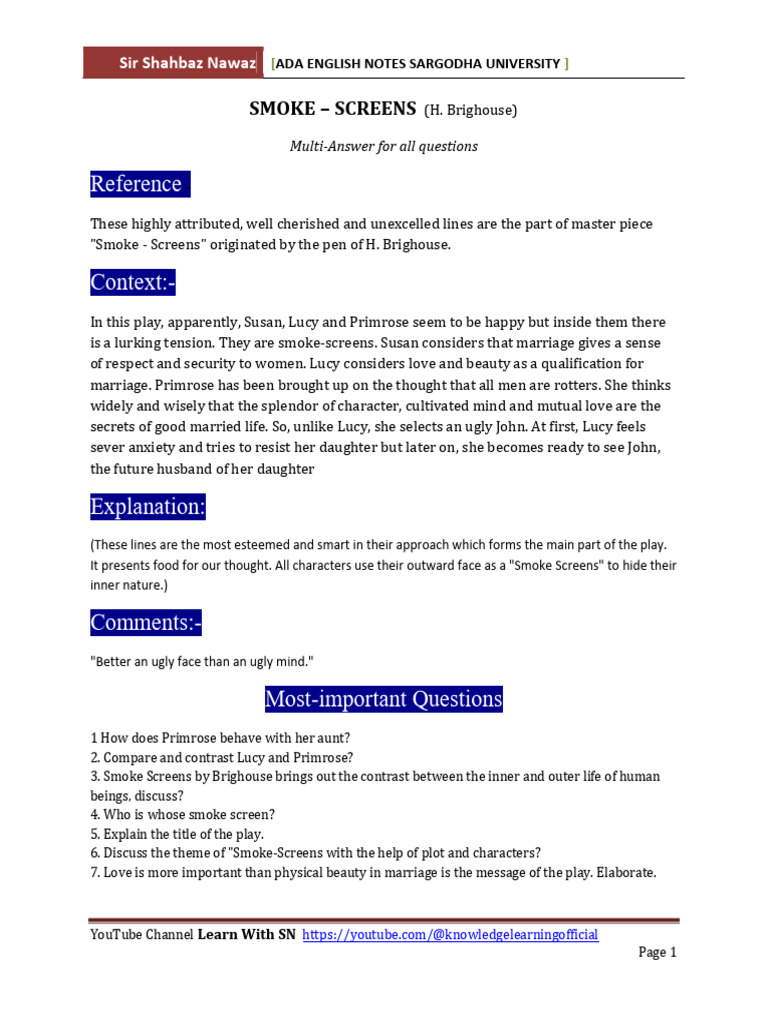 Smoke Screens Play Multi Questions Answere by Sir Shahbaz Nawaz Youtube ...