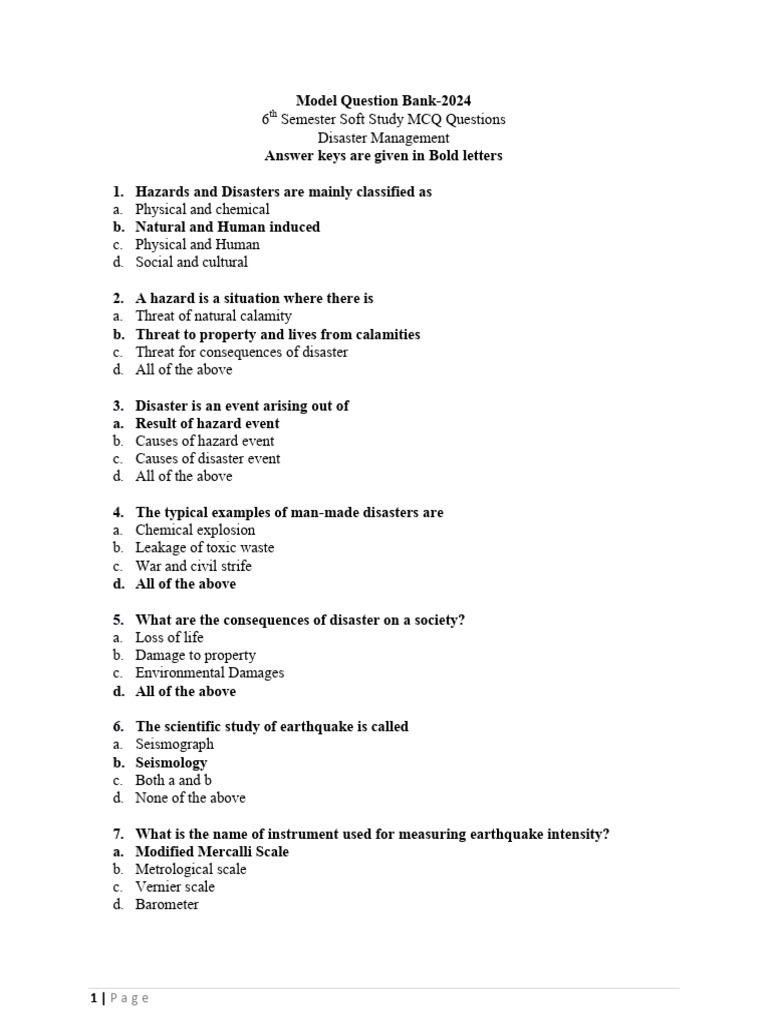 DISASTER MANAGEMENT MCQs | PDF | Earthquakes | Flood