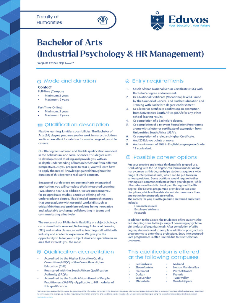 2024 Factsheet Bachelor of Arts (Industrial Psychology and HR ...