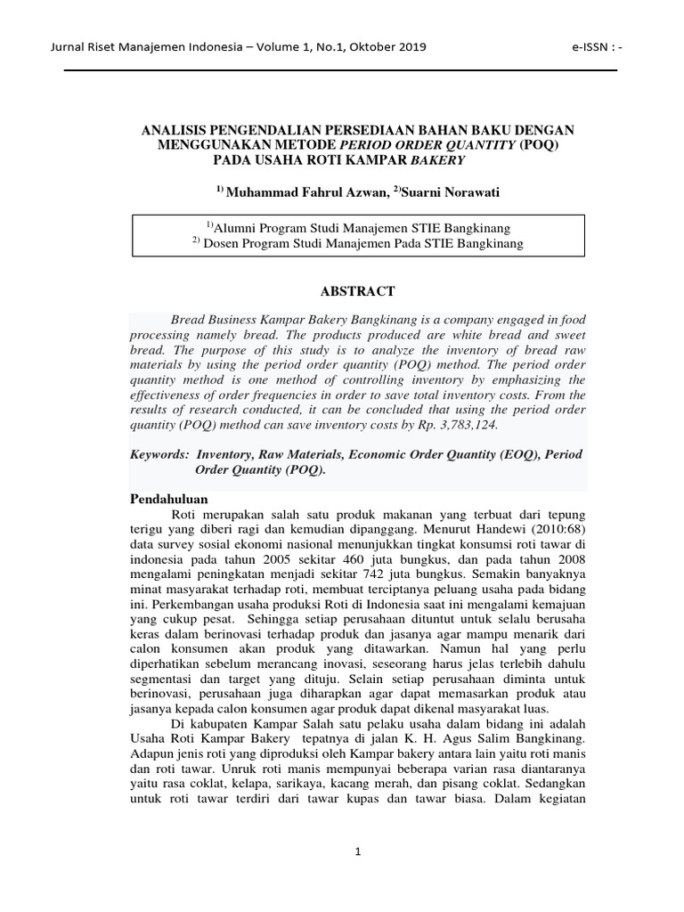 Analisis Pengendalian Persediaan Bahan Baku Dengan Menggunakan Metode Period Order Quantity (Poq ...