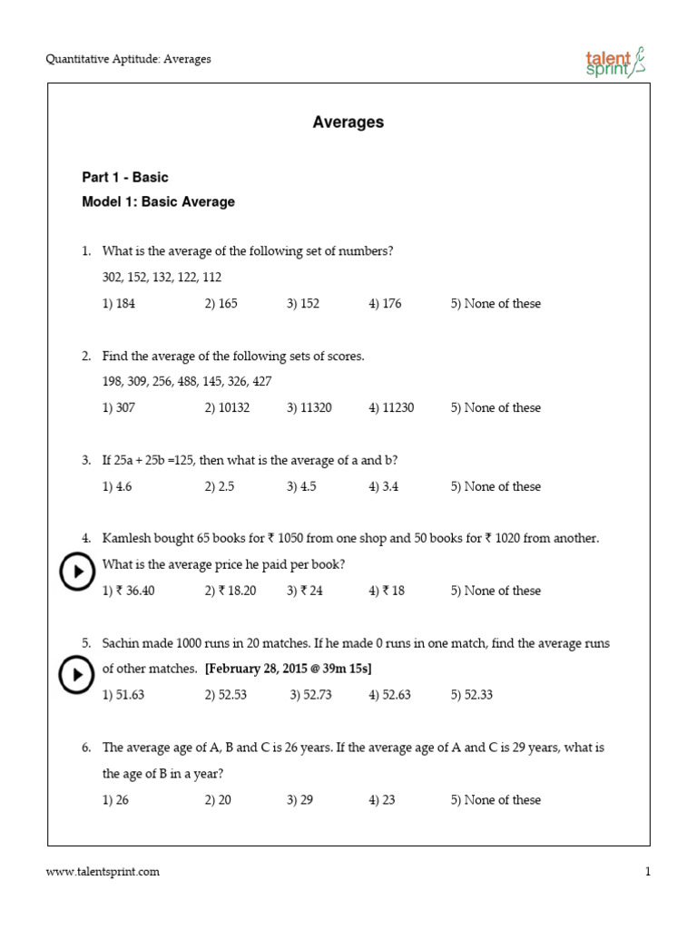 Qa Averages | PDF | Mathematics | Arithmetic
