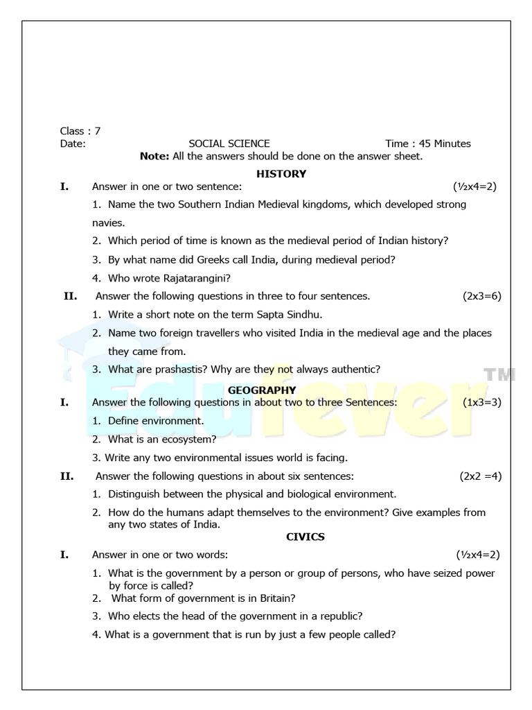 Social Science Previous Year Question Paper 5 | PDF