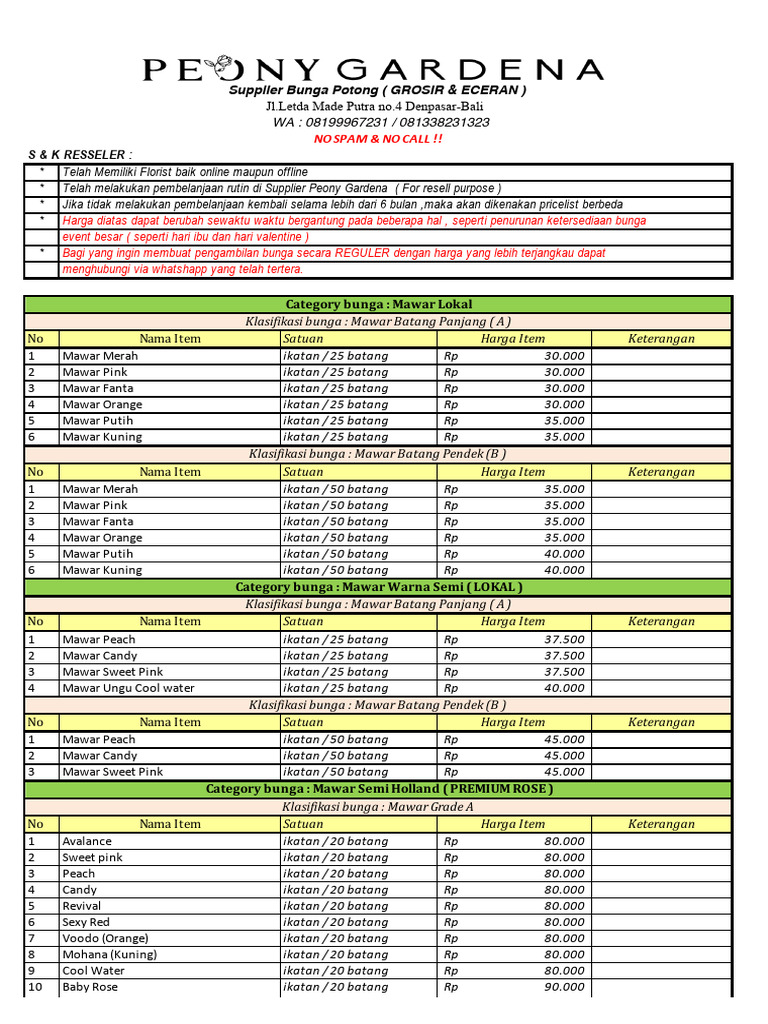 Daftar Harga Bunga Segar dan Klasifikasi | PDF