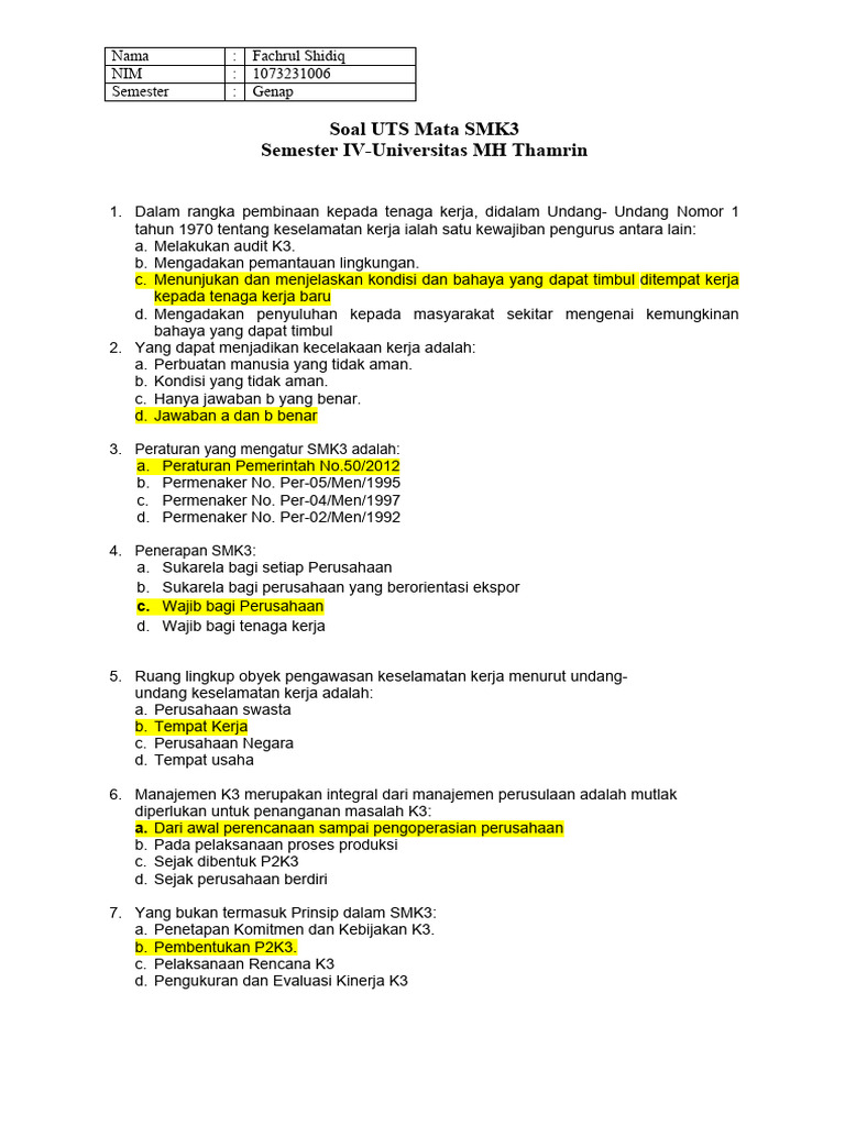 32cae Soal Uts k3 Industri Dan smk3 Non Reg Dan Reguler 2024 | PDF | Bisnis | Teknologi & Rekayasa