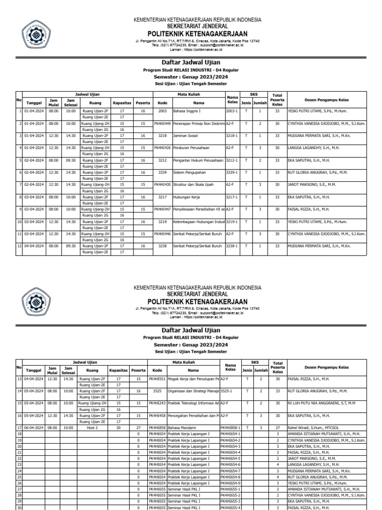 Jadwal Ujian D4 Relasi Industri 2024 | PDF