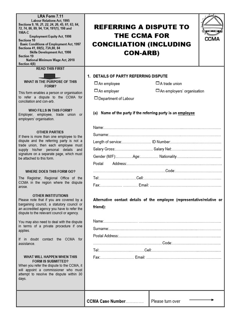 LRA 7.11 Referring A Dispute To The CCMA For Conciliation Including Con ...