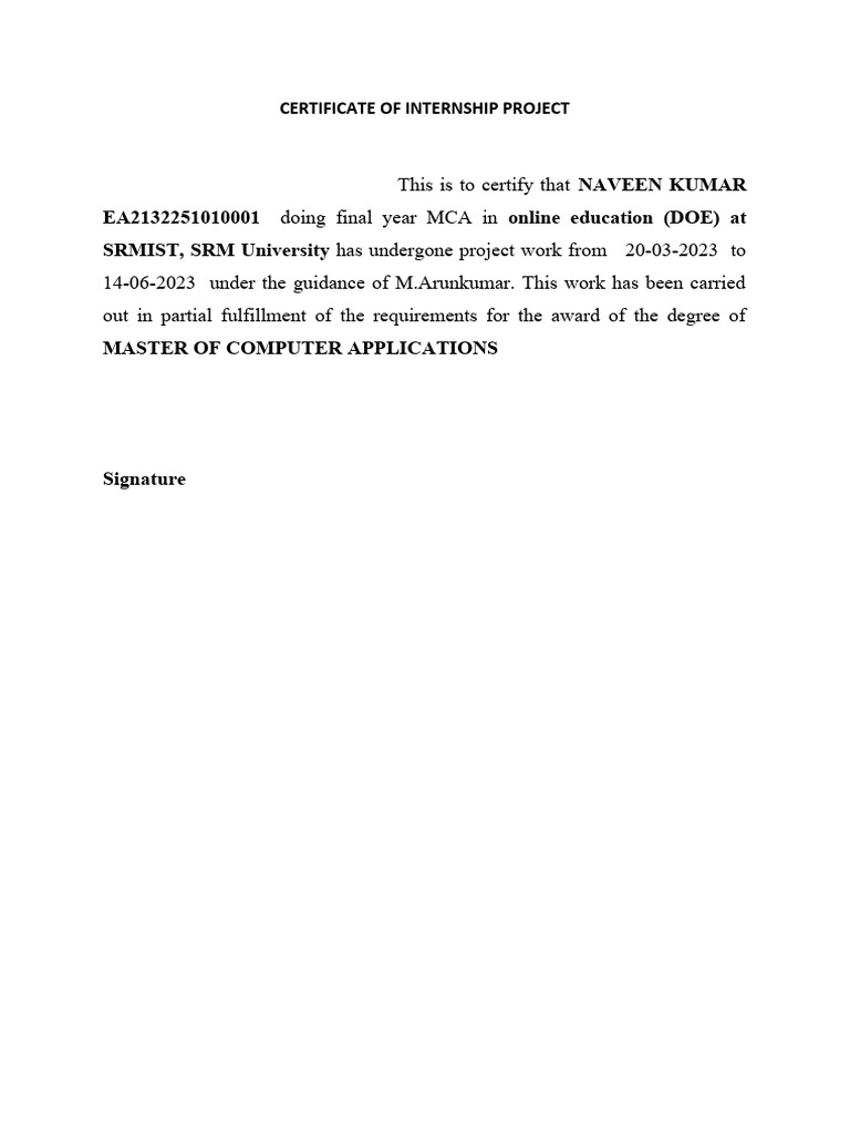 MCA Internship Project Certificate | PDF