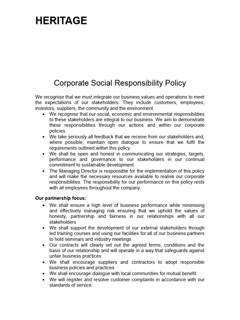 Corporate Social Responsibility Policy | PDF | Corporate Social ...