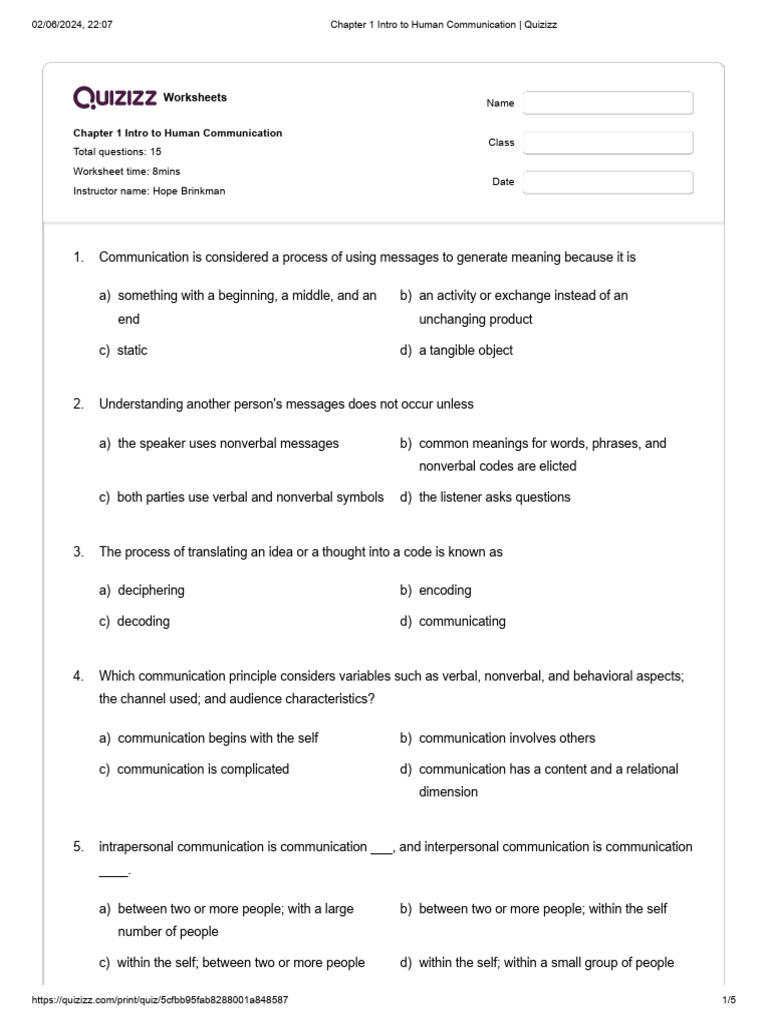 Human Communication Worksheet Quiz | PDF | Communication | Nonverbal Communication