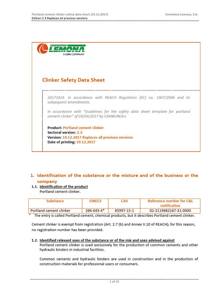 Clinker Safety Data Sheet Download Free Pdf Cement Toxicity