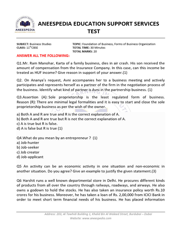 11 CBSE BS Test - Foundation of Business, Forms of Business ...
