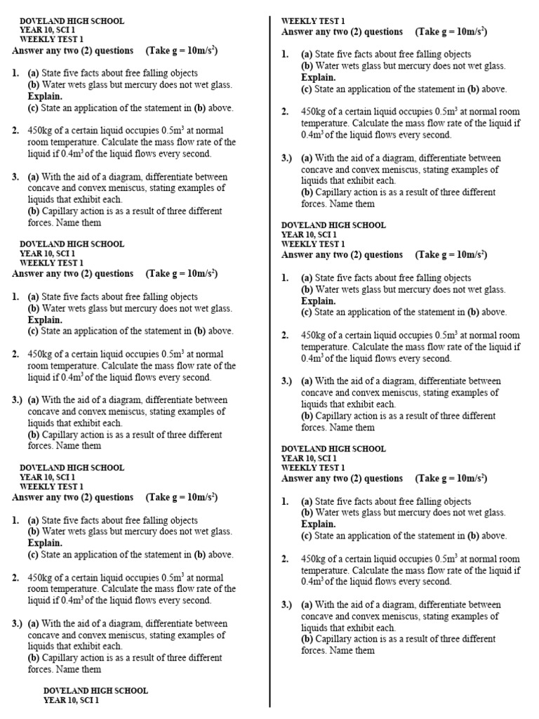 Year 10 Science Weekly Test Guide | PDF | Liquids | Convex Set