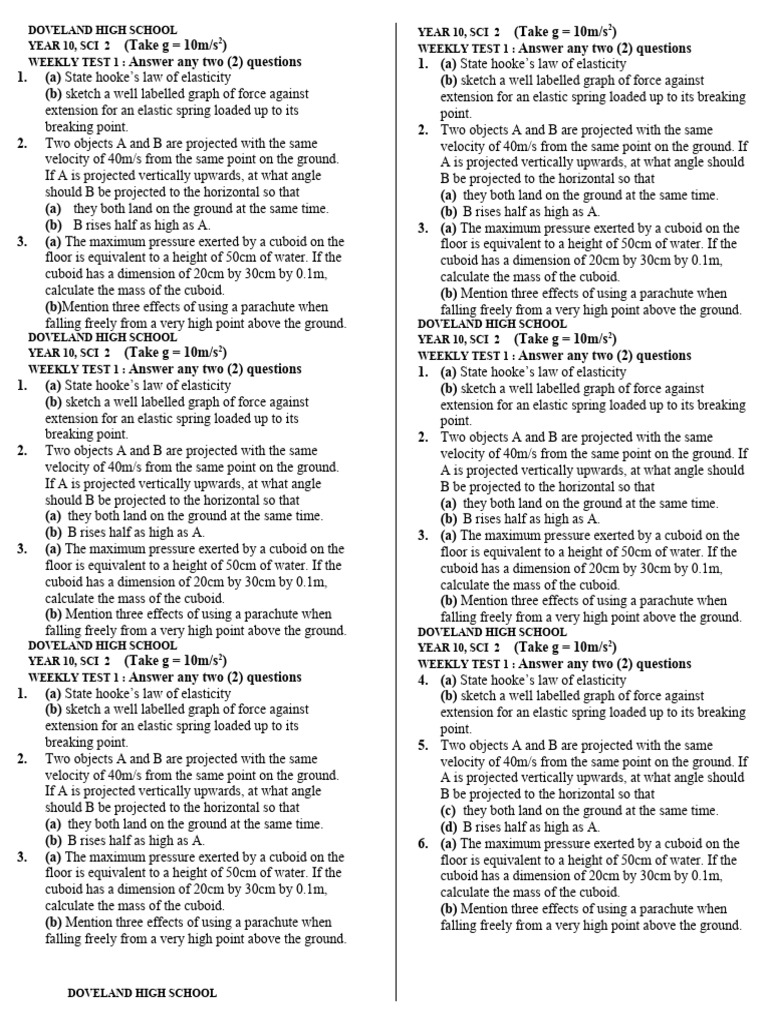 Year 10 Physics Weekly Test | PDF | Force | Graph Theory