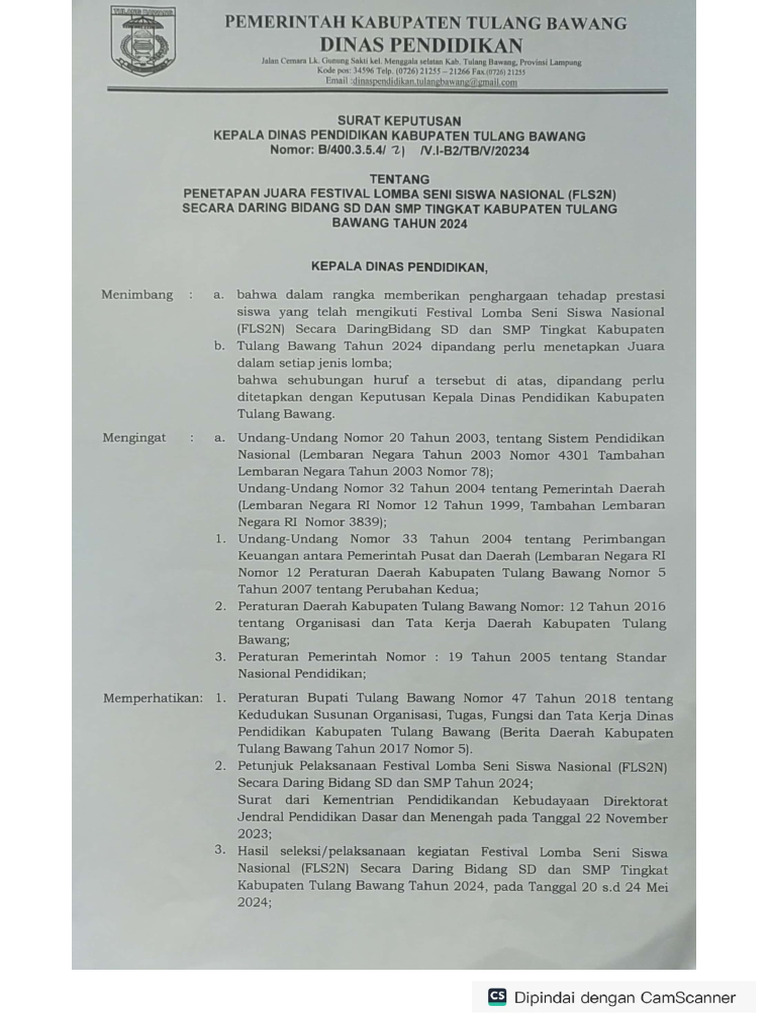 SK Penetapan Juara FLS2N 2024 | PDF