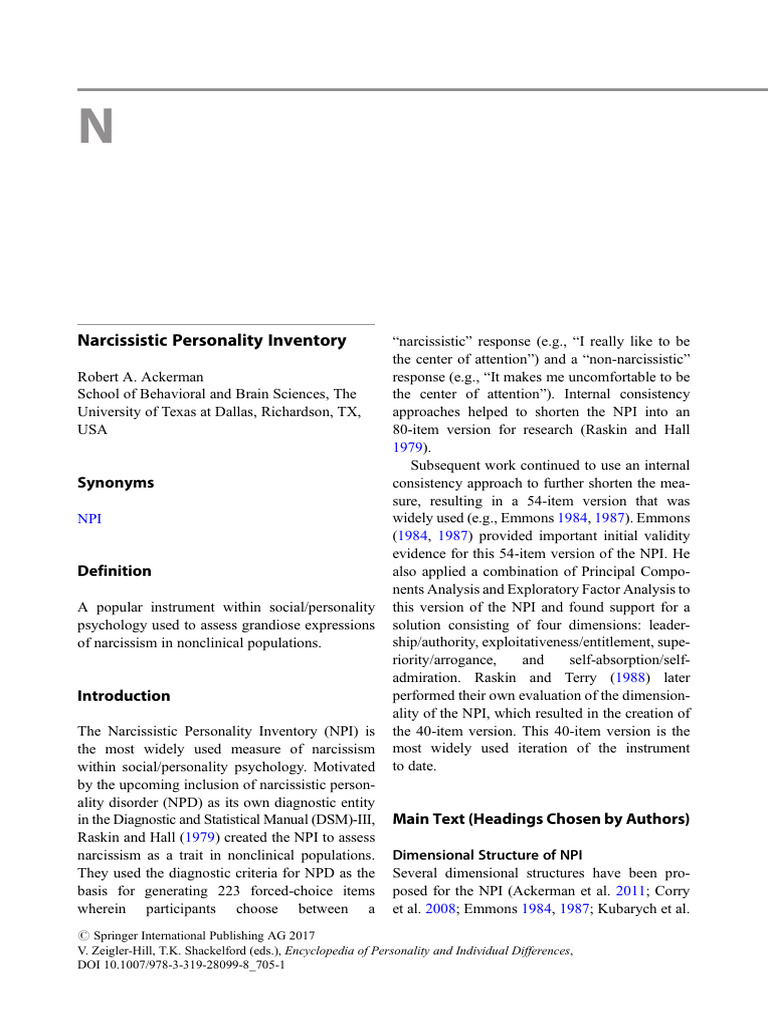 Narcissistic Personality Inventory - Paper | PDF | Psychology | Psychological Concepts