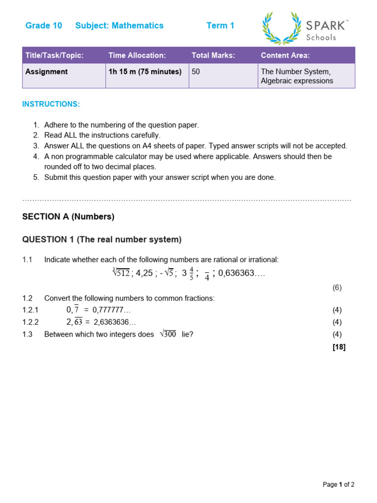 GRD 10 Math Test, Mar 2021 | PDF | Numbers | Factorization
